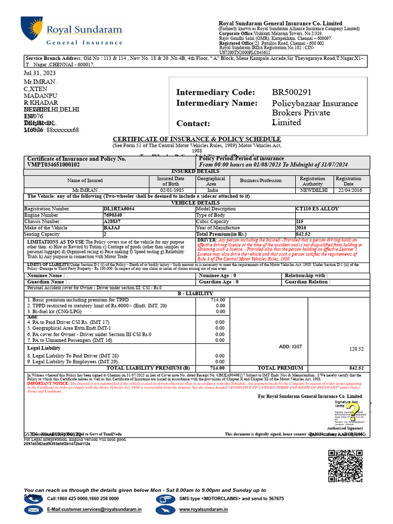 Intermediary Code: Intermediary Name: Contact:: BR500291 Policybazaar ...