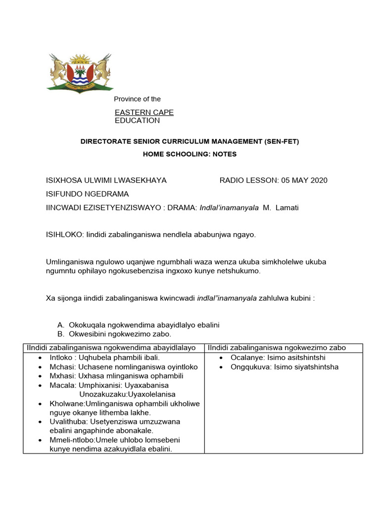 Isixhosa Grade 12 Worksheet Notes Drama Indlal'inamanyala | PDF