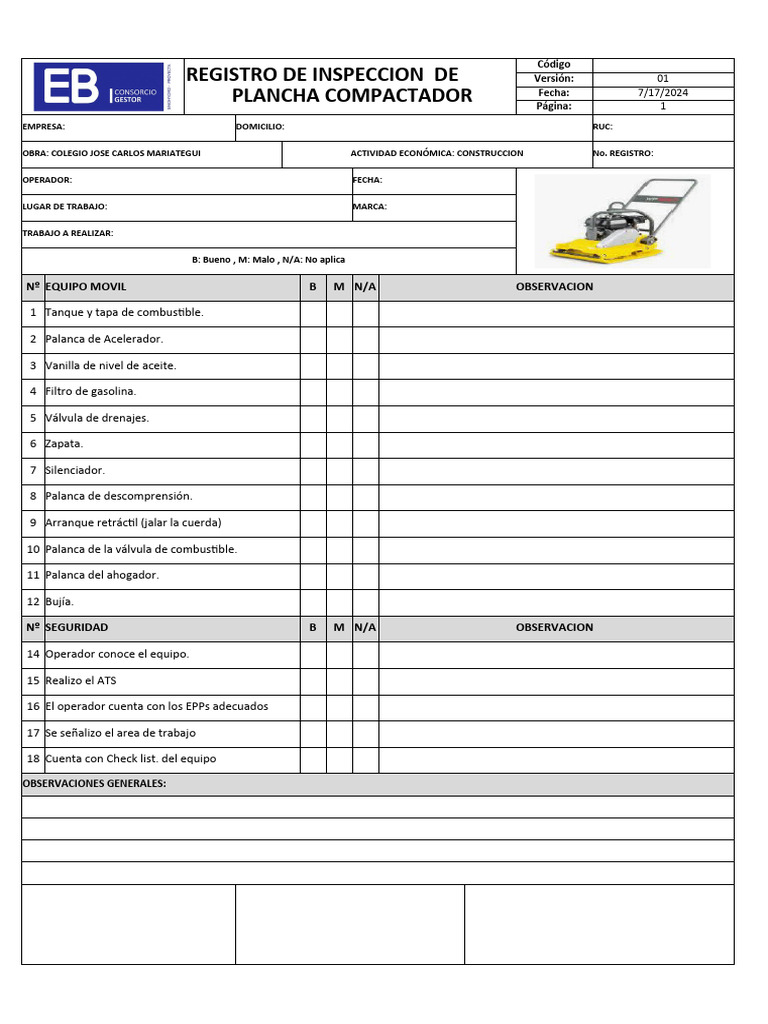 Check list de Plancha compactador | Descargar gratis PDF | Motores ...