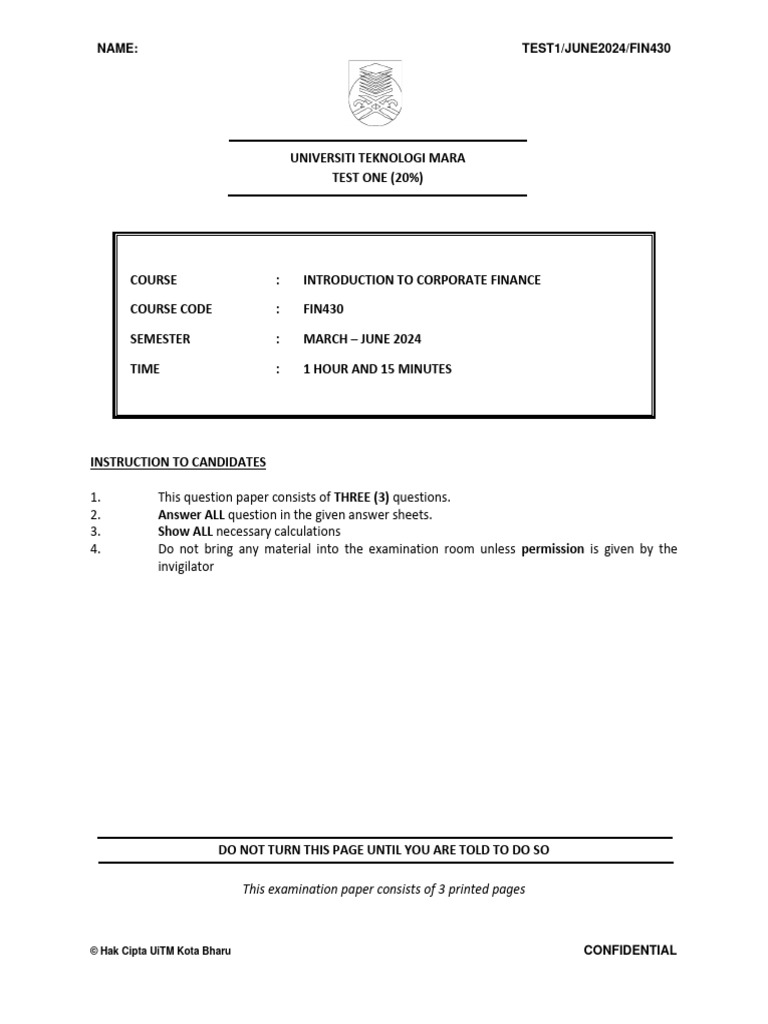 FIN430 Test Paper: Corporate Finance Exam | PDF | Balance Sheet | Expense