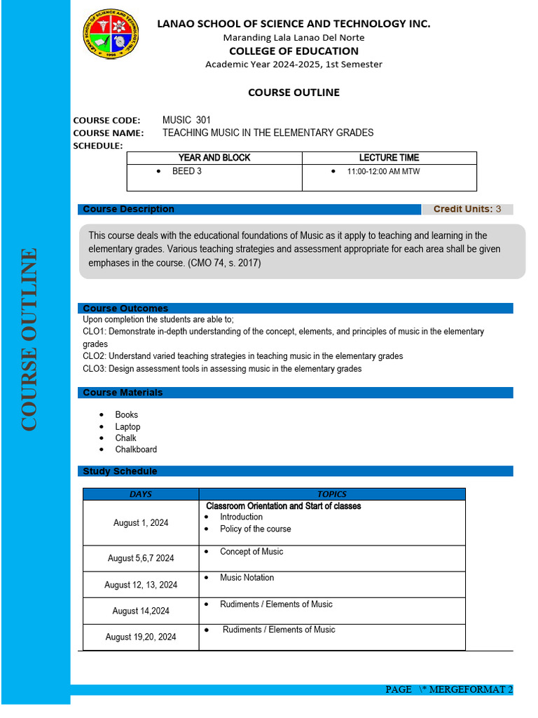 Course-Outline MUSIC 301 | PDF | Learning | Behavior Modification