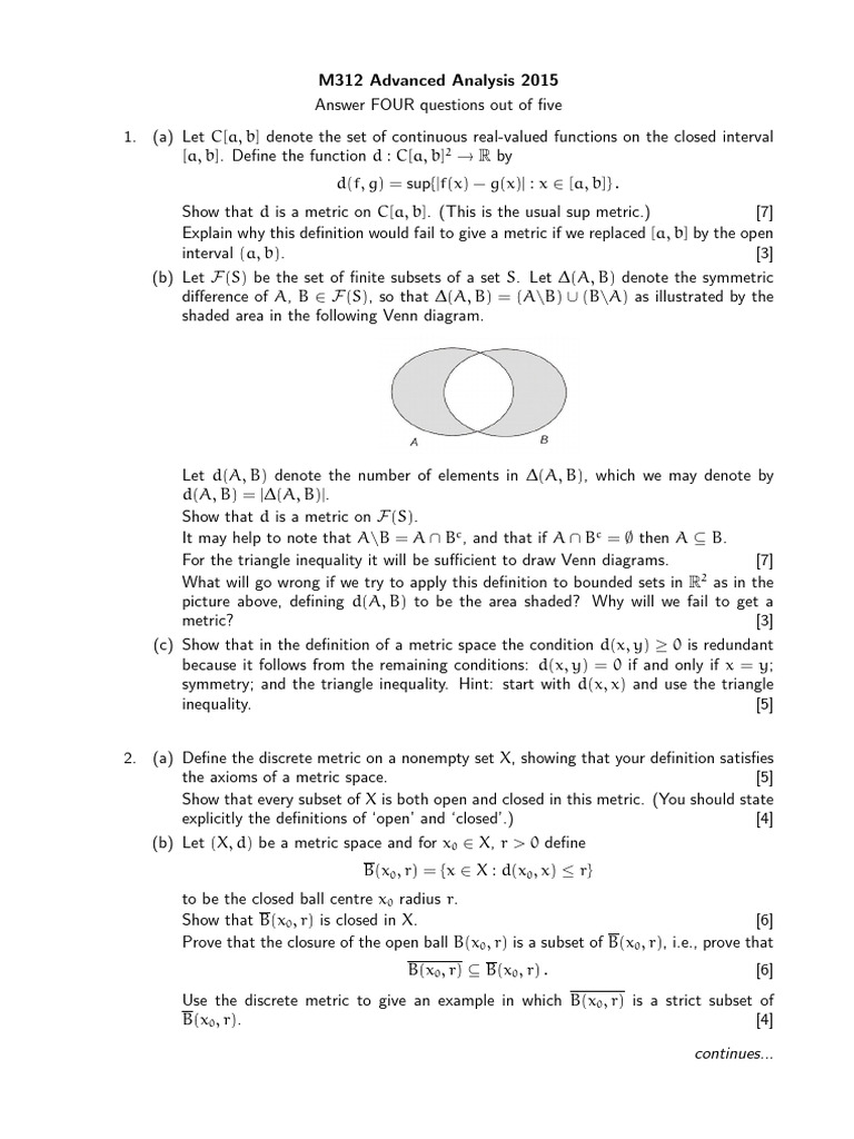 University of Portsmouth M312 Final Exam 2015 | PDF | Set (Mathematics) | Continuous Function