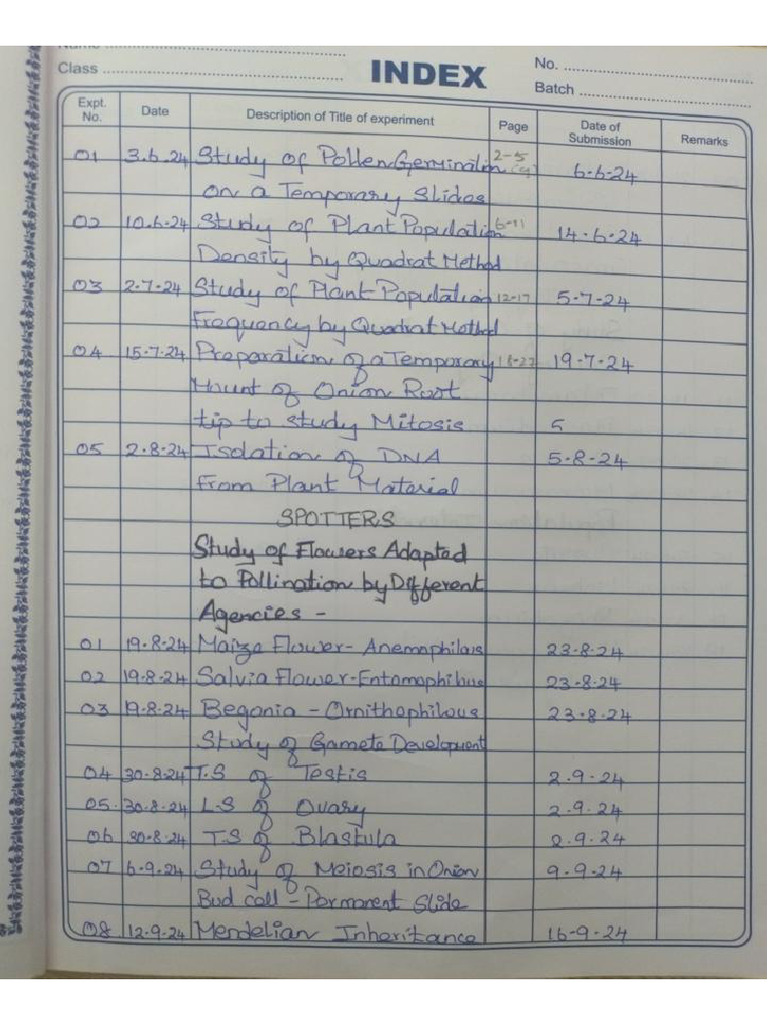 index page of biology practical record -2024-25 | PDF