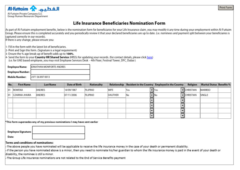 Life Insurance Beneficiaries Nomination Form: Al-Futtaim Private ...