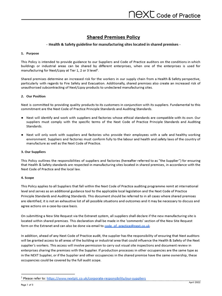 Next Shared Premises Policy - April 2022 | PDF | Supply Chain ...