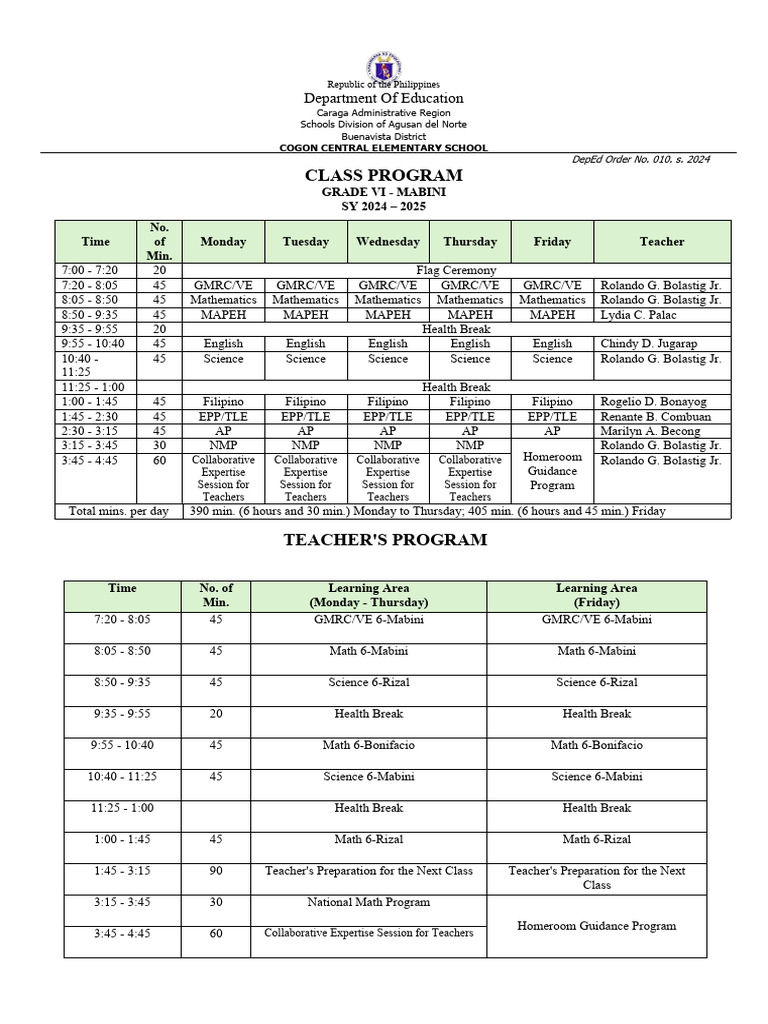 Class Program GRADE VI - MABINI Final | PDF | Science