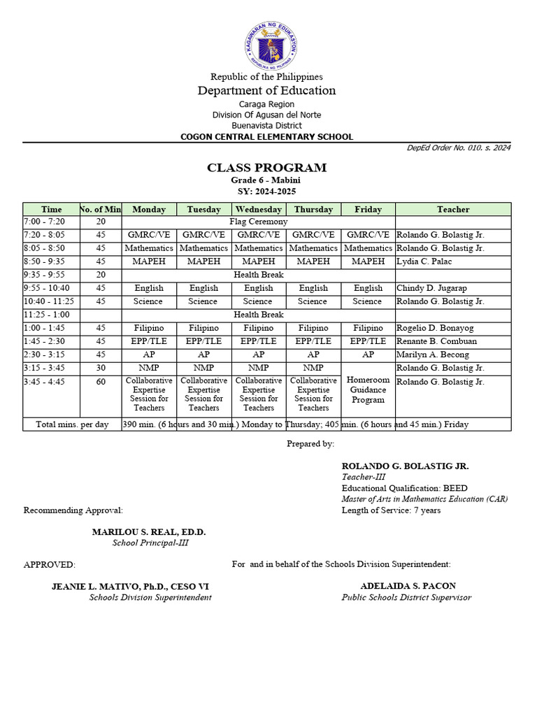 Class Schedule Grades 5 To 6 Sy 2024-2025 | PDF