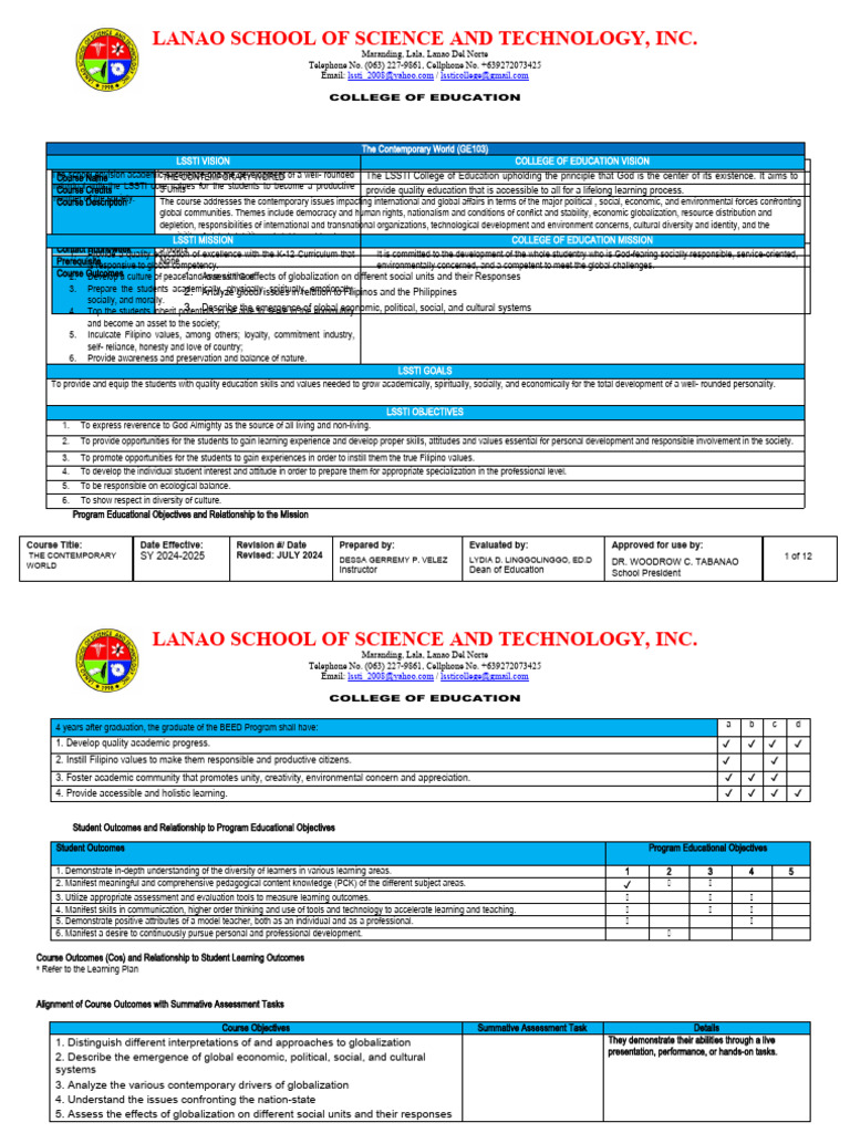 Contemporary World Syllabus 2024-2025 | PDF | Educational Assessment ...