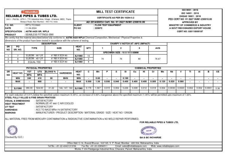 6-2660 - MTC Reliable - A420 Wpl6 - 6 Inch X SCH 80 - Fittings-2 | PDF ...