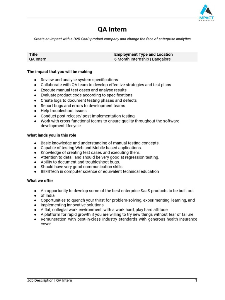 Impact Analytics - JD - QA Intern | PDF | Analytics | Software As A Service
