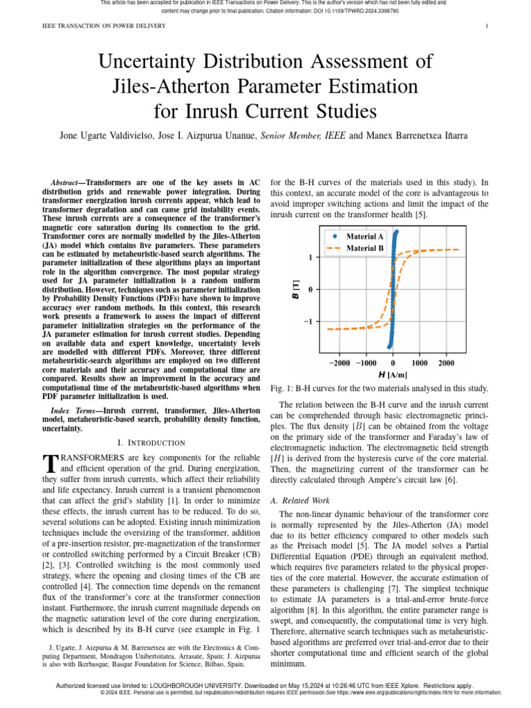 Uncertainty Distribution Assessment of Jiles-Atherton Parameter Estimation For Inrush Current ...