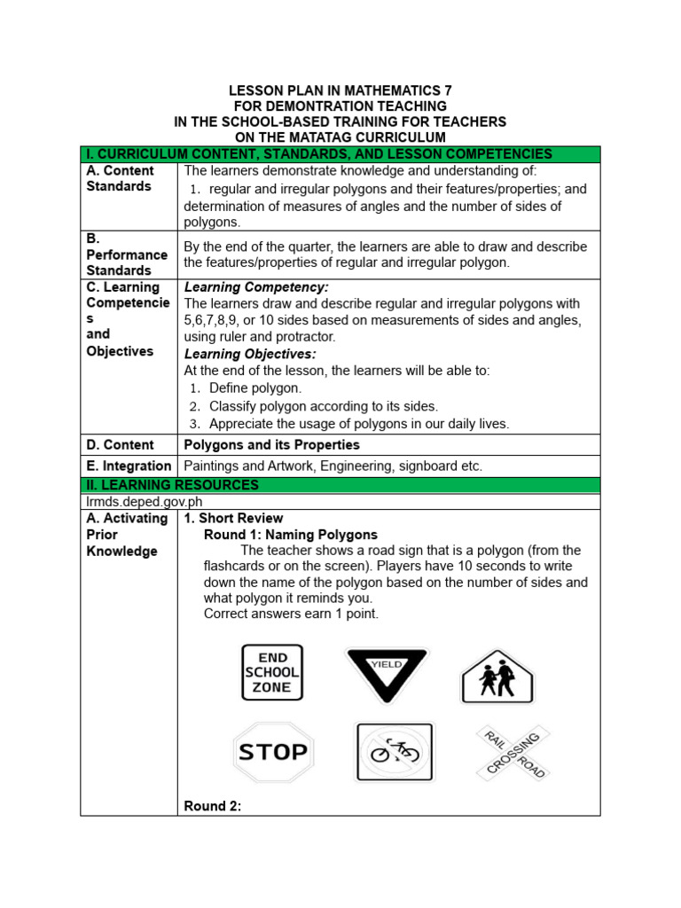 Lesson Plan in Mathematics 7 Matatag | PDF | Polygon | Triangle