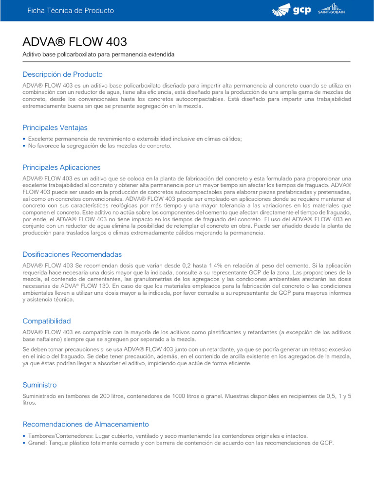 Adva Flow 403 - 0224 - Co - DS-1 | PDF | Hormigón | Materiales