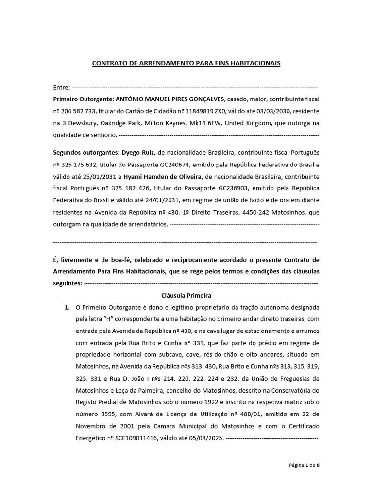 Contrato Arrendamento Habitacional - AG - 2024 | PDF | Proprietário | Leasing