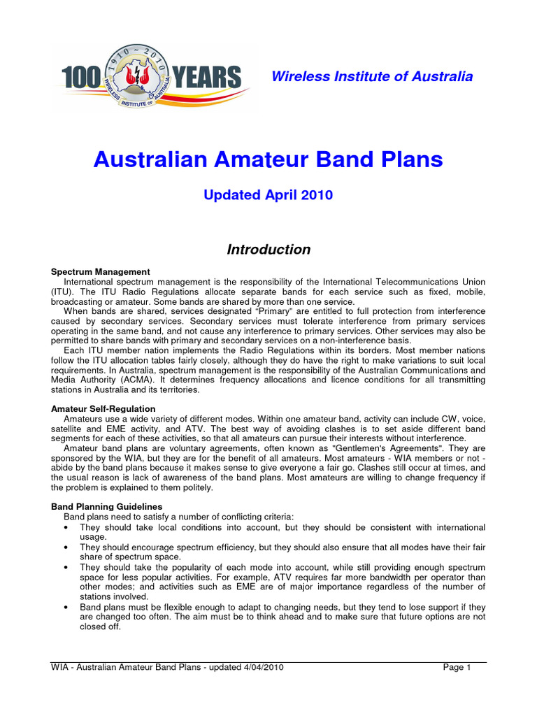 Australian Band Plans 100404 | PDF | Radio Spectrum | Amateur Radio
