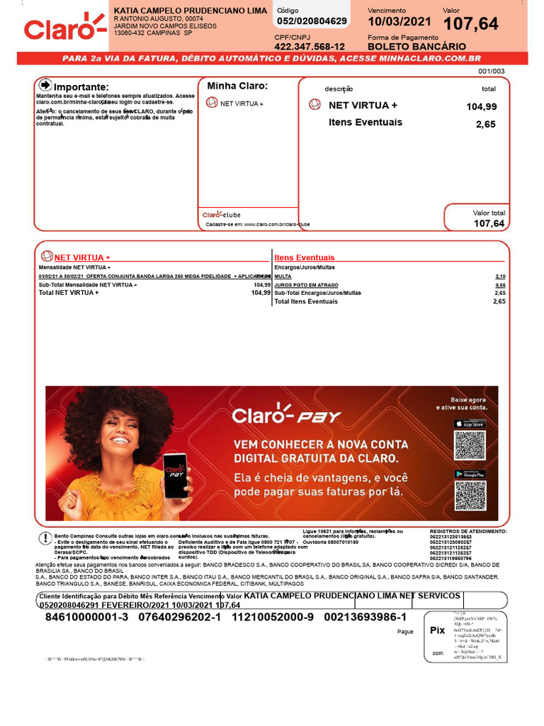 Fatura CLARO | PDF | Bancos | Finanças pessoais