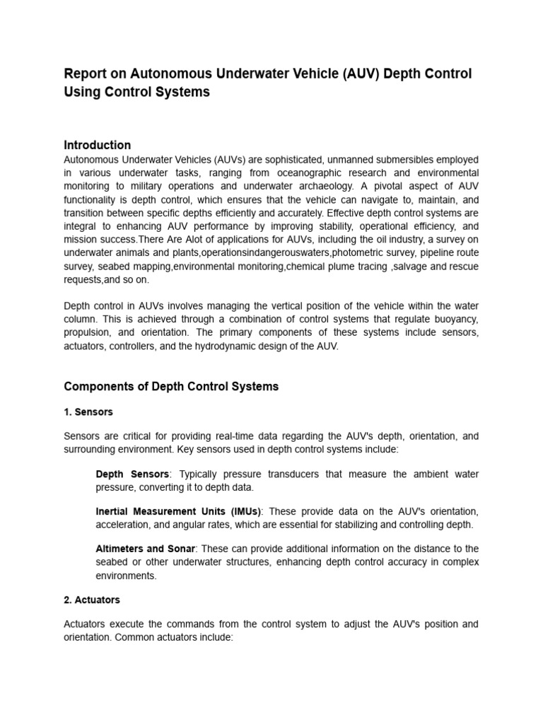 Report on Autonomous Underwater Vehicle (AUV) Depth Control Using Control Systems (1) | PDF ...