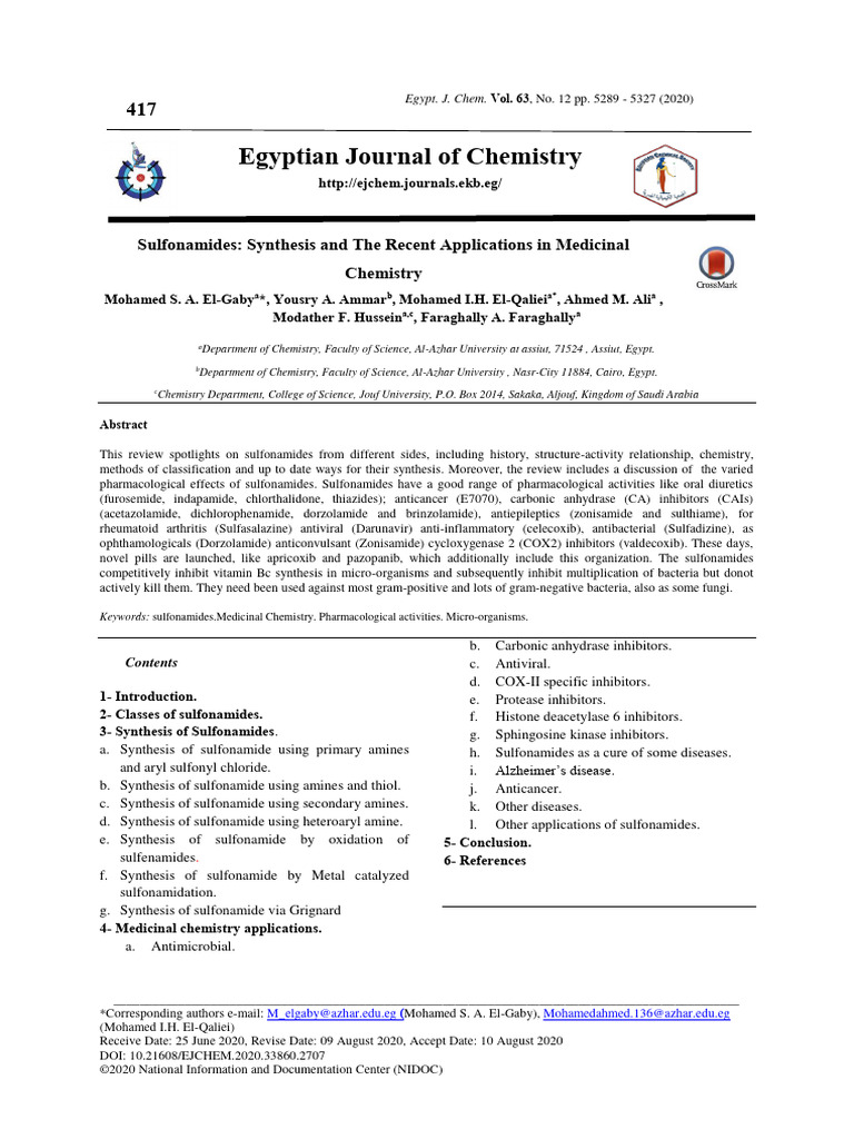 Egyptian Journal of Chemistry: Sulfonamides: Synthesis and The Recent ...