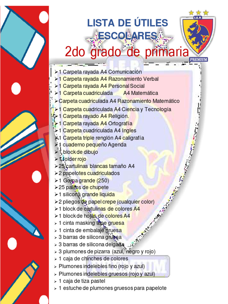 Lista de Utiles 2do Grado - 2024 | PDF