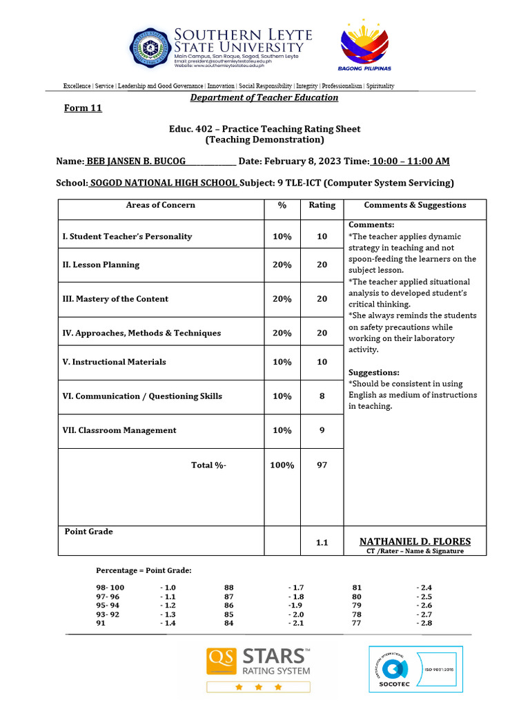 Rating Sheet2 | PDF | Teachers | Pedagogy