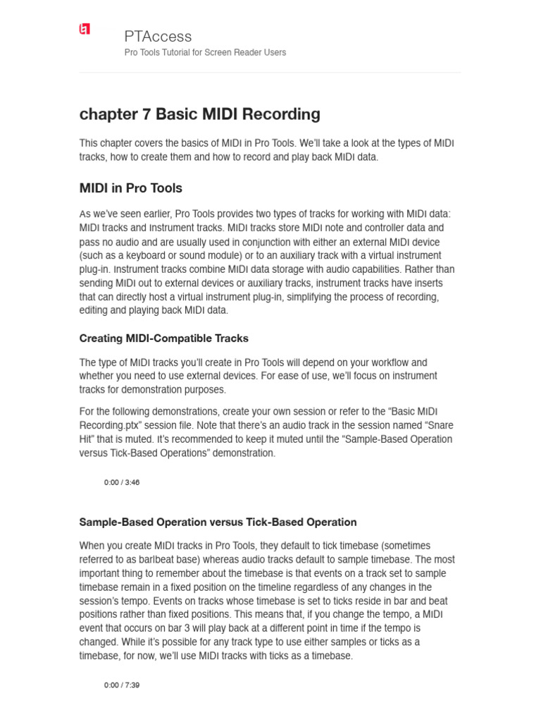 Chapter 7 Basic MIDI Recording - PTAccess - Pro Tools Tutorial For Screen Reader Users | PDF ...