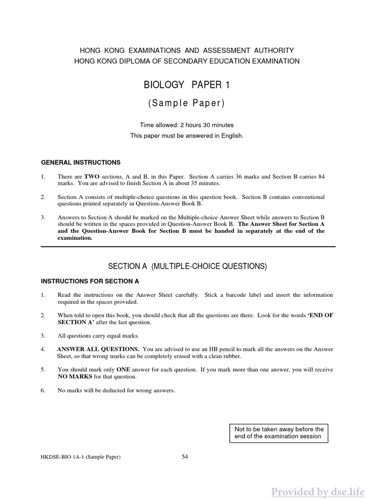 DSE - Biology - Sample Paper - p1 | PDF | Biology