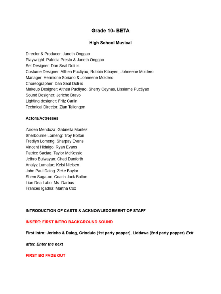 High School Musical Play Details | PDF | Performing Arts