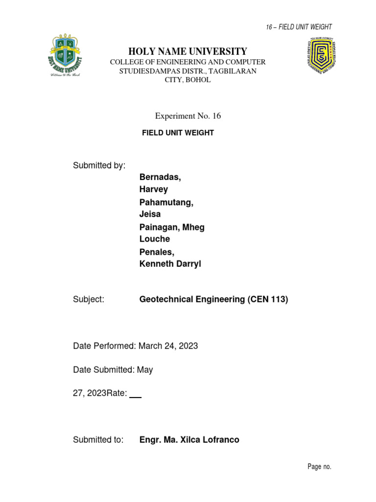 Experiment 16 Field Density Unit | PDF | Density | Significant Figures