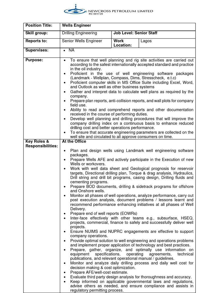 JOB DESCRIPTION - Wells Engineer Position | PDF | Oil Well | Engineering