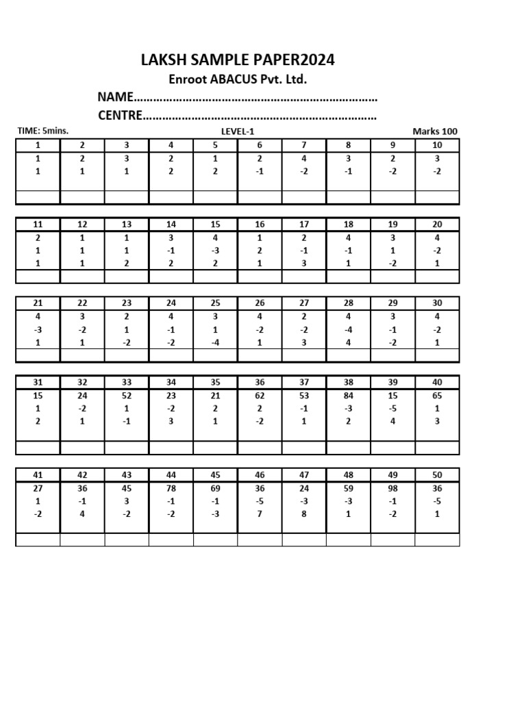 Level 1 Abacus Sample Paper 2024 | PDF