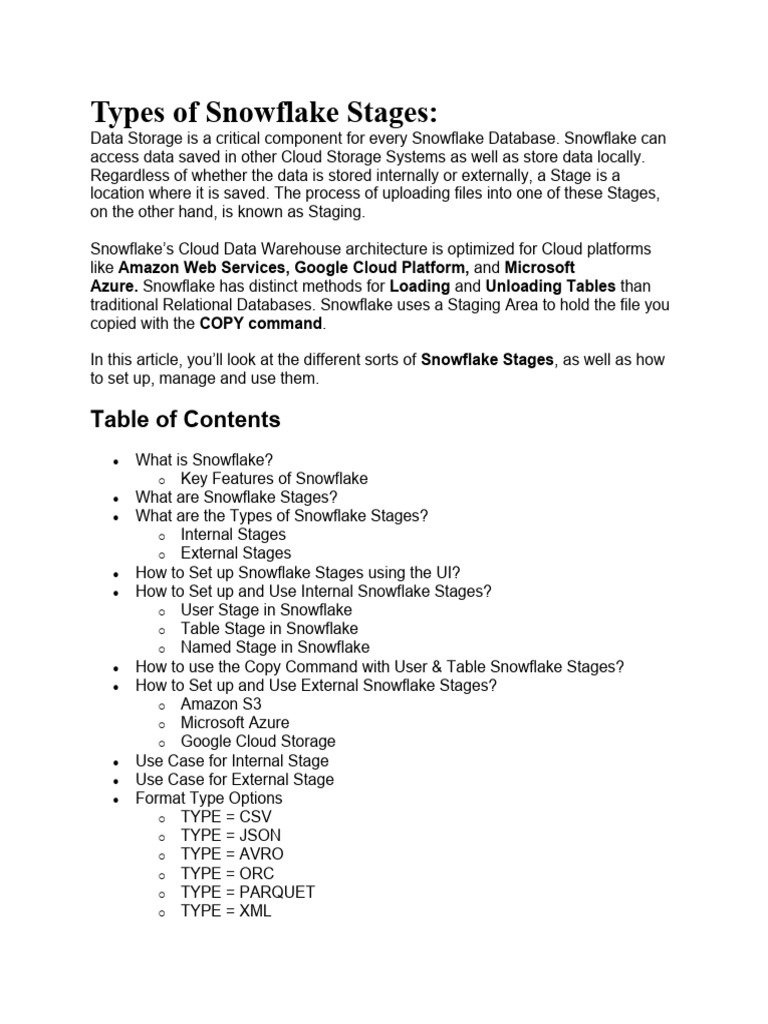 Arch and Types of Snowflake Stages | PDF | Computer File | Databases