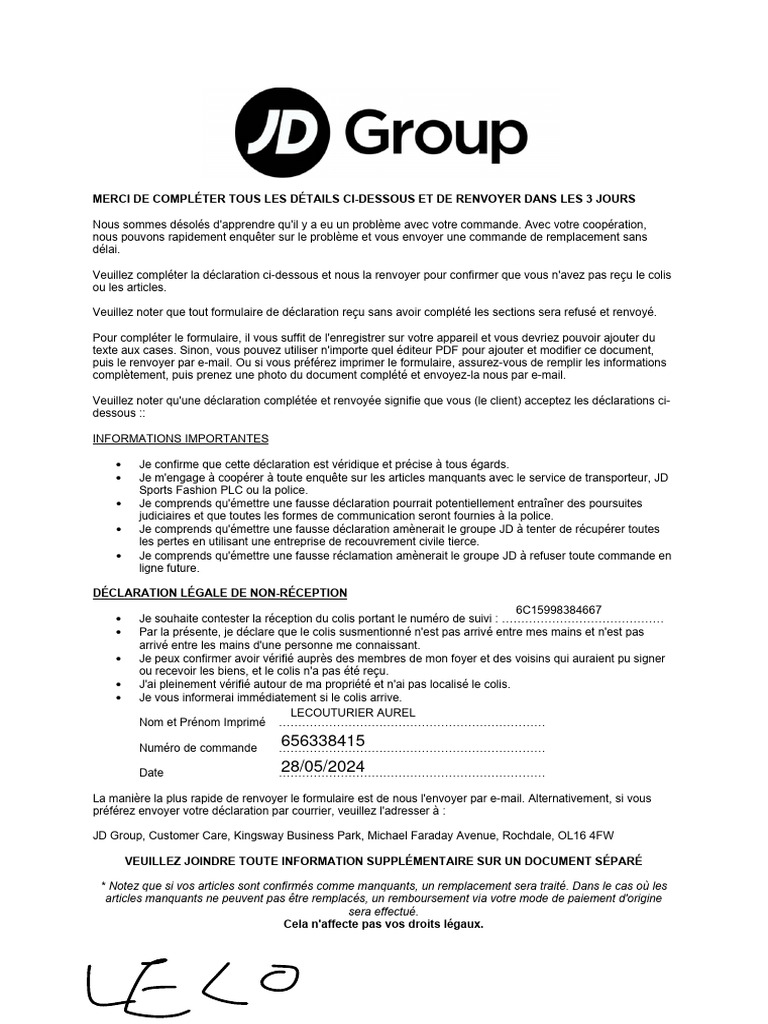 FR JD Group Missing Parcel Declaration 2 | PDF