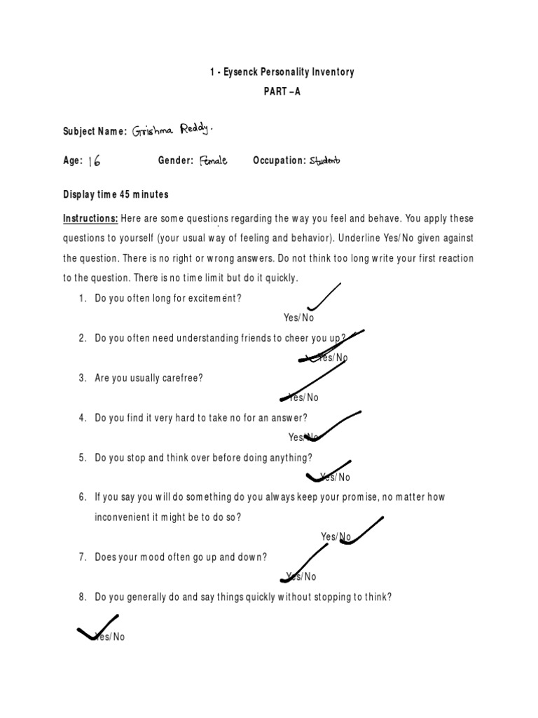 Eysenck Test Pdf Extraversion And Introversion Psychology