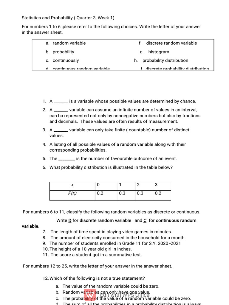 Summative Stat & Prob Q3, W1 | PDF | Probability Distribution | Random ...