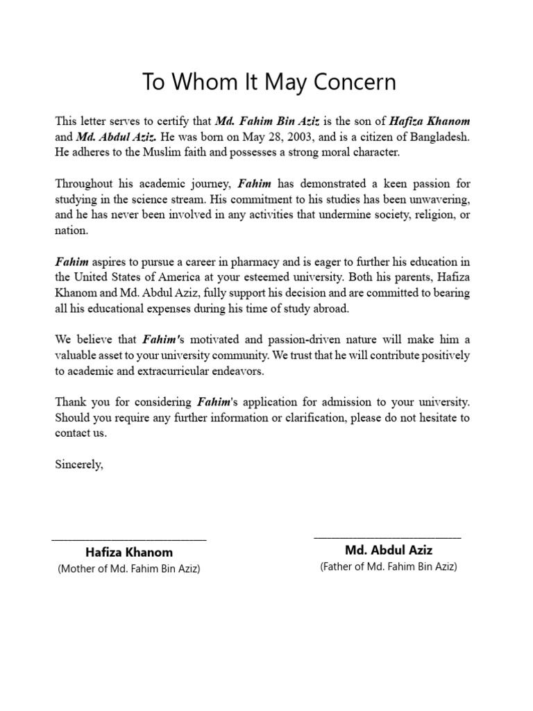 Parent Recommendation Letter | PDF