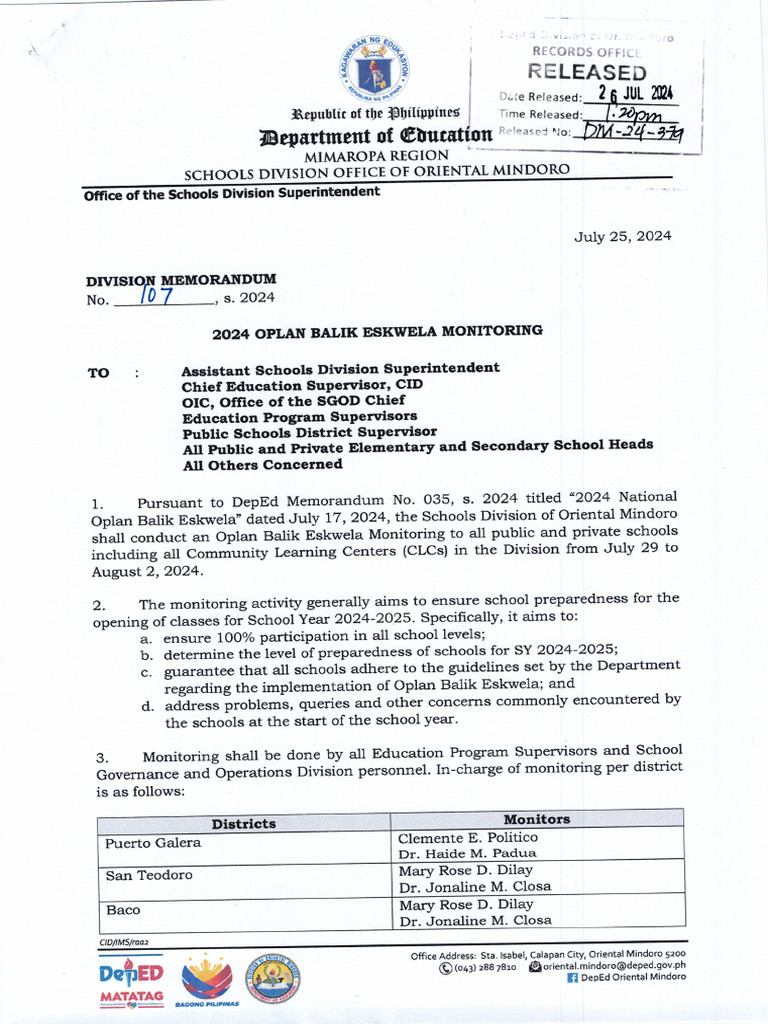 Oplan Balik Eskwela Monitoring | PDF