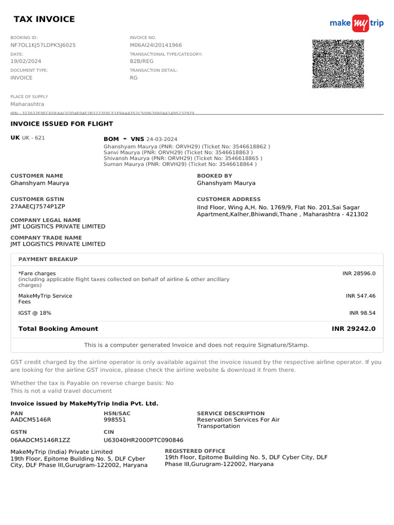 Booking Invoice - M06AI24I20141966 | PDF | Invoice | Payments