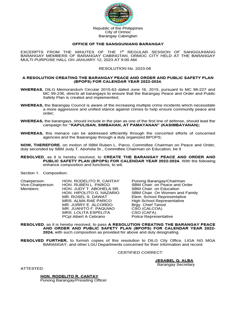 Resolution 8 - BPOPS PLan, Including KASIMBAYANAN 2023 | PDF | Philippines
