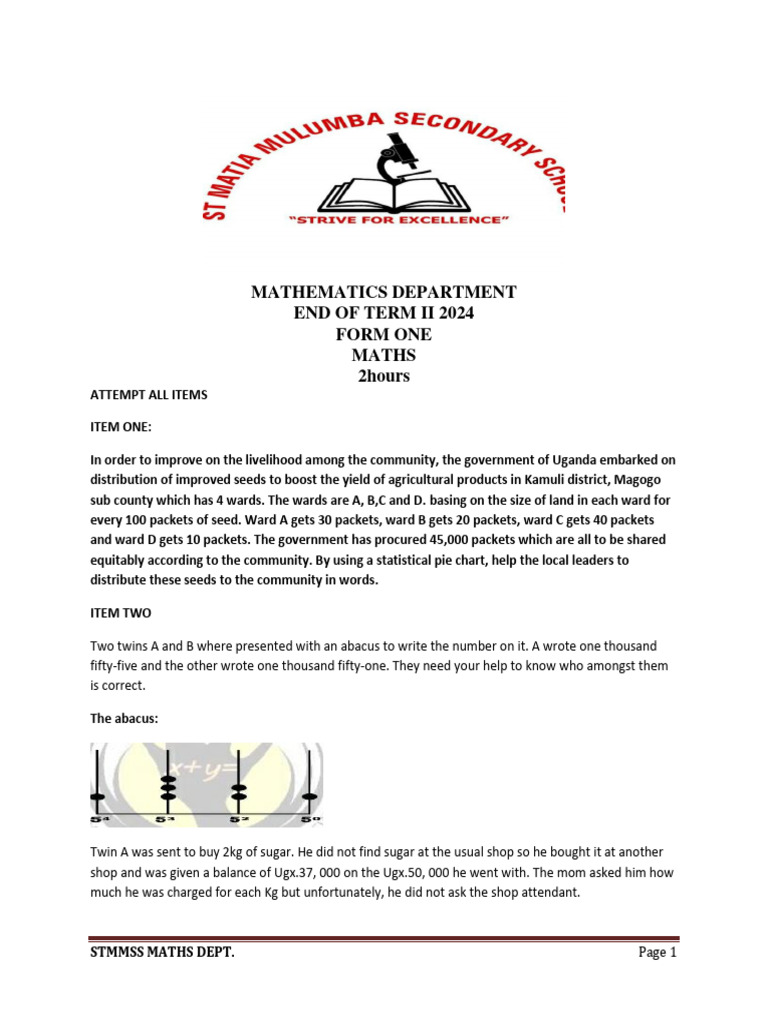 S.1 MTC final | PDF | Mathematics