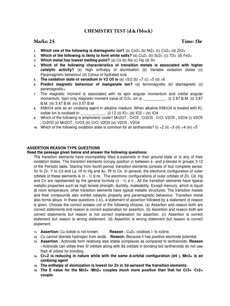 D And F Block Test Pdf Transition Metals Lanthanide