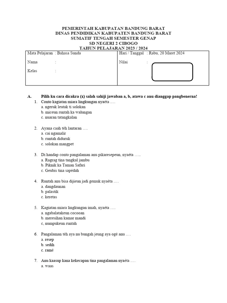 SUMATIF BAHASA SUNDA KELAS 1 GENAP | PDF
