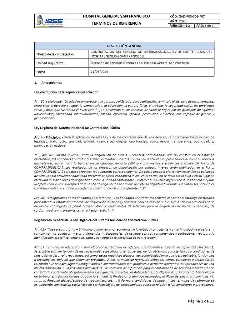 Hospital General San Francisco Terminos de Referencia: CÓD: GAD-P03-S01-F07 AÑO: 2023 VERSIÓN: 1 ...