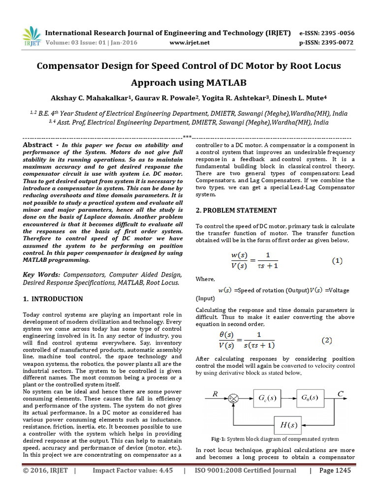 Compensator Design For Speed Control Of Pdf Control Theory Electric Motor