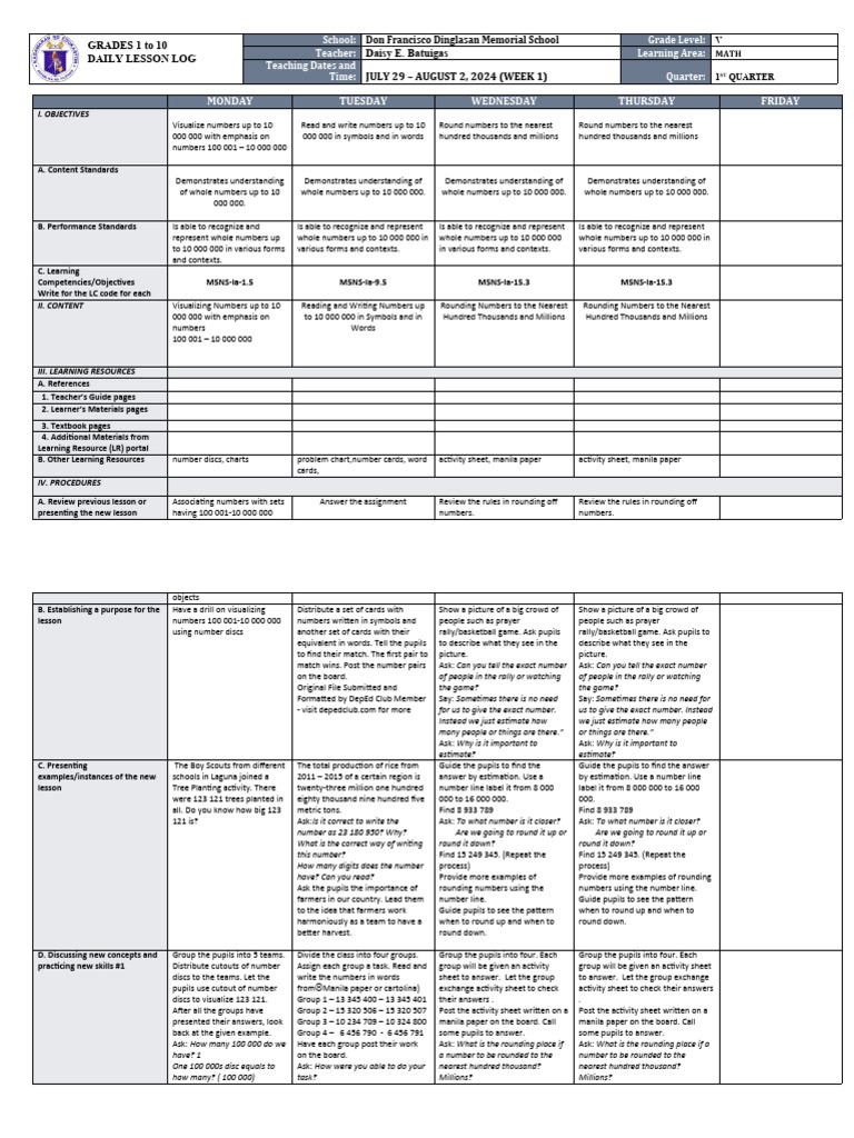 DLL - Math 5 - Q1 - W1 | PDF | Human Communication | Cognitive Science