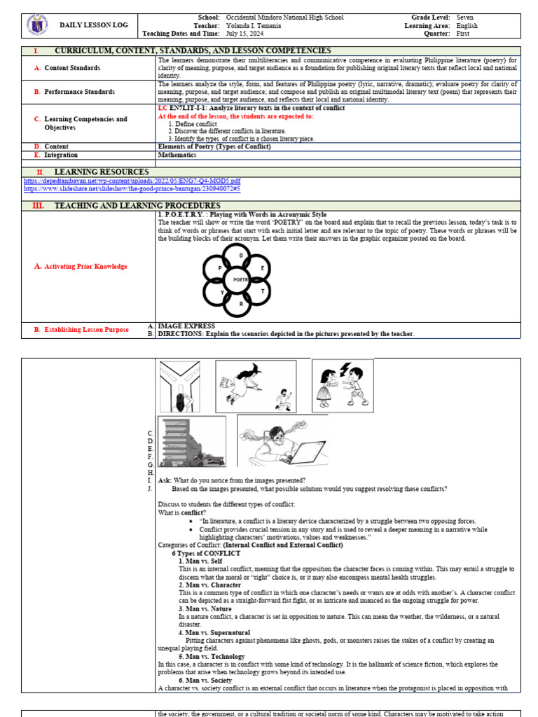 MATATAG-LESSON-PLAN-Grade-7-Q1-Lesson-1 CONFLICT | PDF