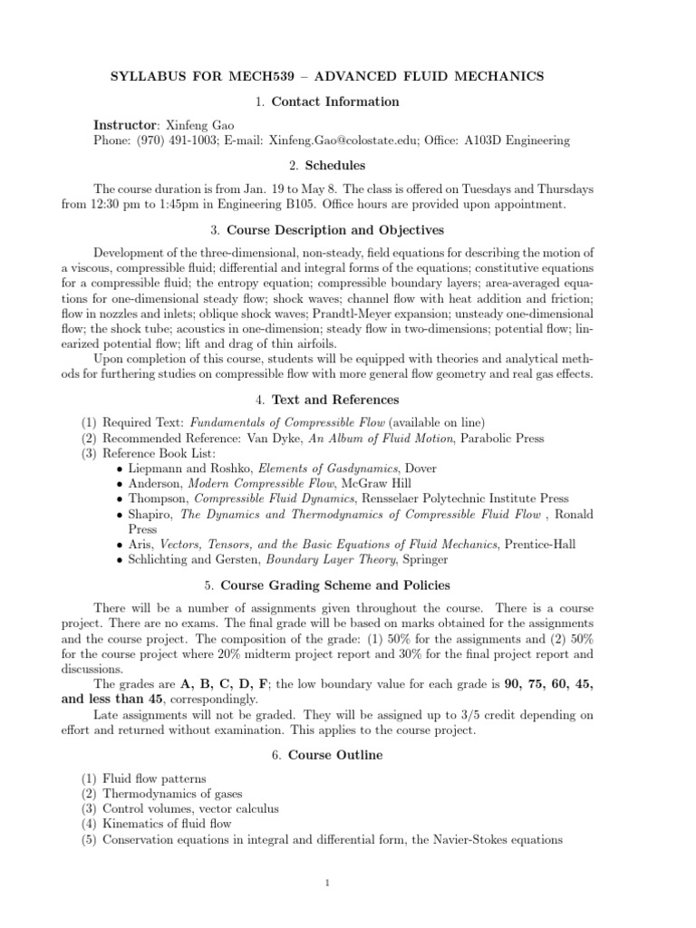 Mech 539 Syllabus | PDF | Fluid Dynamics | Compressible Flow