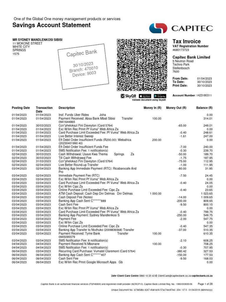 Capitec Bank Savings Account Statement | PDF | Stored Value Card ...