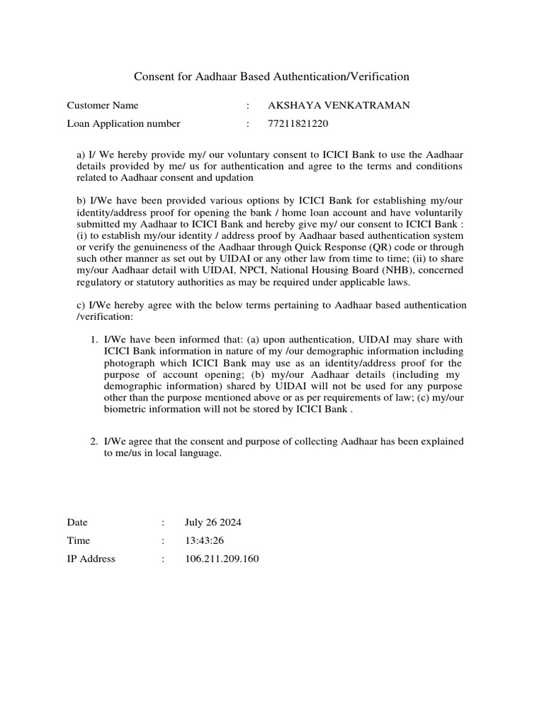 Consent For Aadhaar Based Authentication/Verification | PDF | Finance ...
