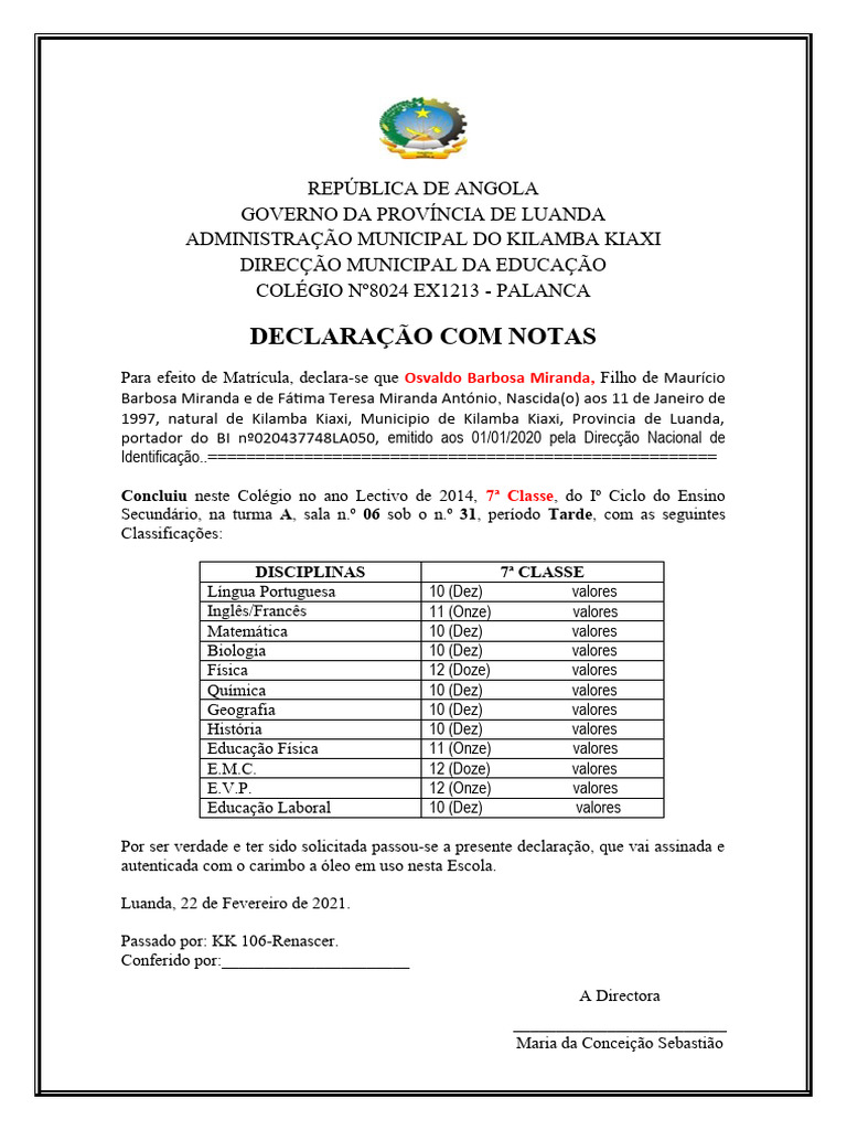 Declaração de Notas do Aluno Osvaldo Miranda | PDF | Ensino médio
