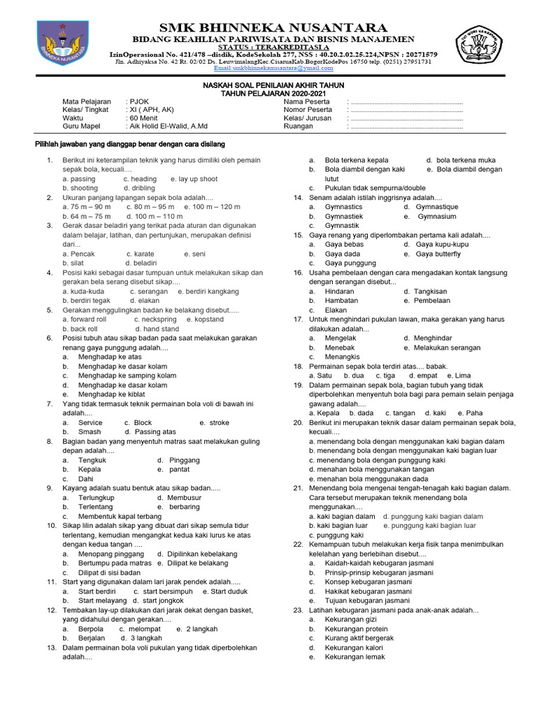 Soal Pjok Kelas Xi Aph, Ak | PDF